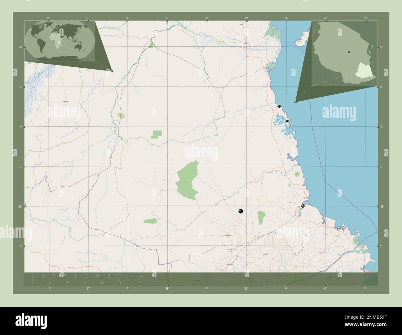 Lindi, region of Tanzania. Open Street Map. Locations of major cities ...
