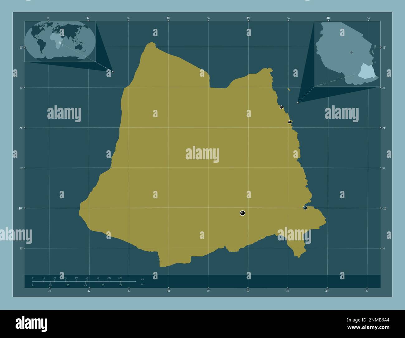 Lindi, region of Tanzania. Solid color shape. Locations of major cities ...