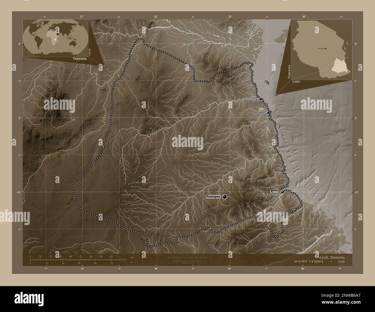 Lindi, region of Tanzania. Elevation map colored in sepia tones with ...