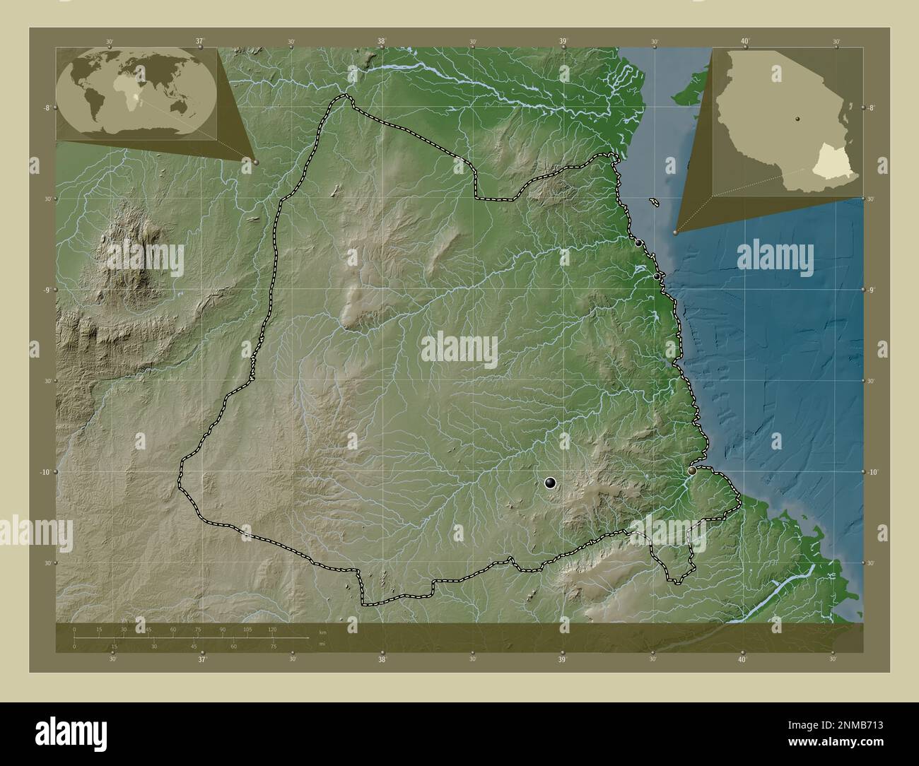 Lindi, region of Tanzania. Elevation map colored in wiki style with ...