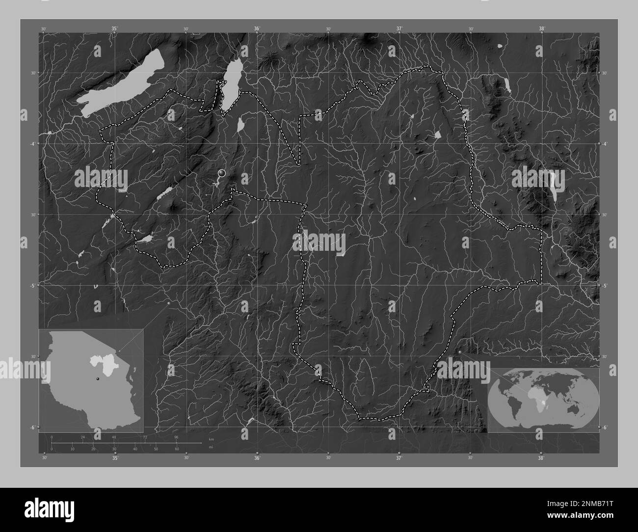 Manyara, region of Tanzania. Grayscale elevation map with lakes and ...
