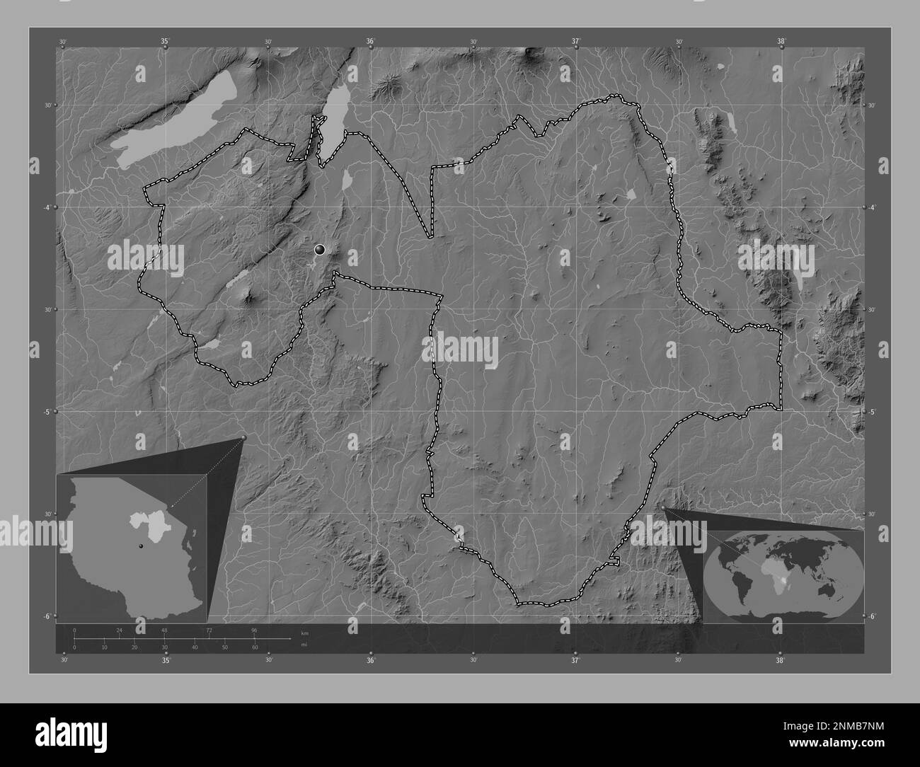 Manyara, region of Tanzania. Bilevel elevation map with lakes and ...