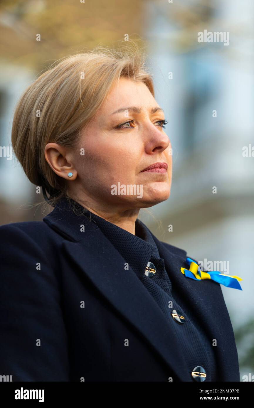 London, UK. 24 February 2023. Inna Prystaiko, wife of Ukrainian ...