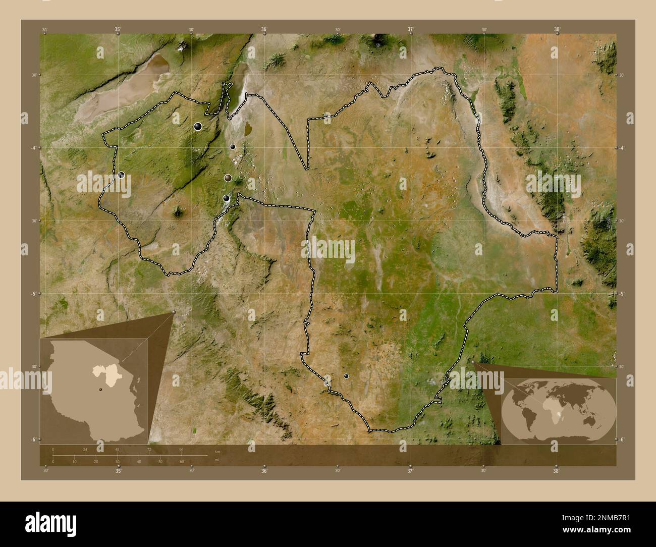 Manyara, region of Tanzania. Low resolution satellite map. Locations of ...