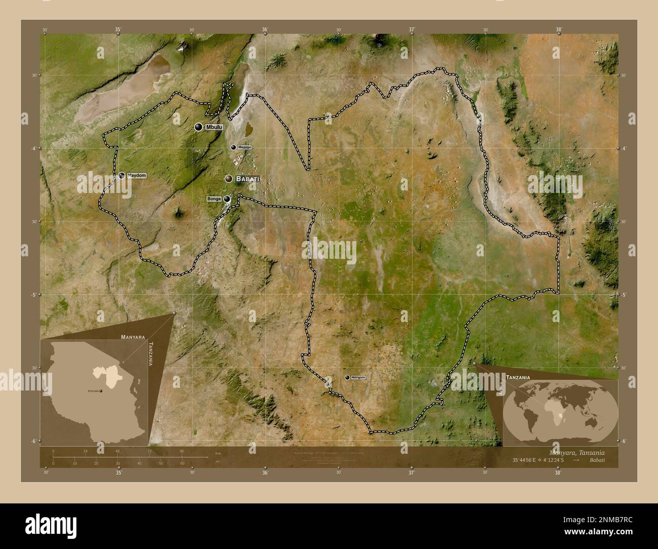 Manyara, region of Tanzania. Low resolution satellite map. Locations ...
