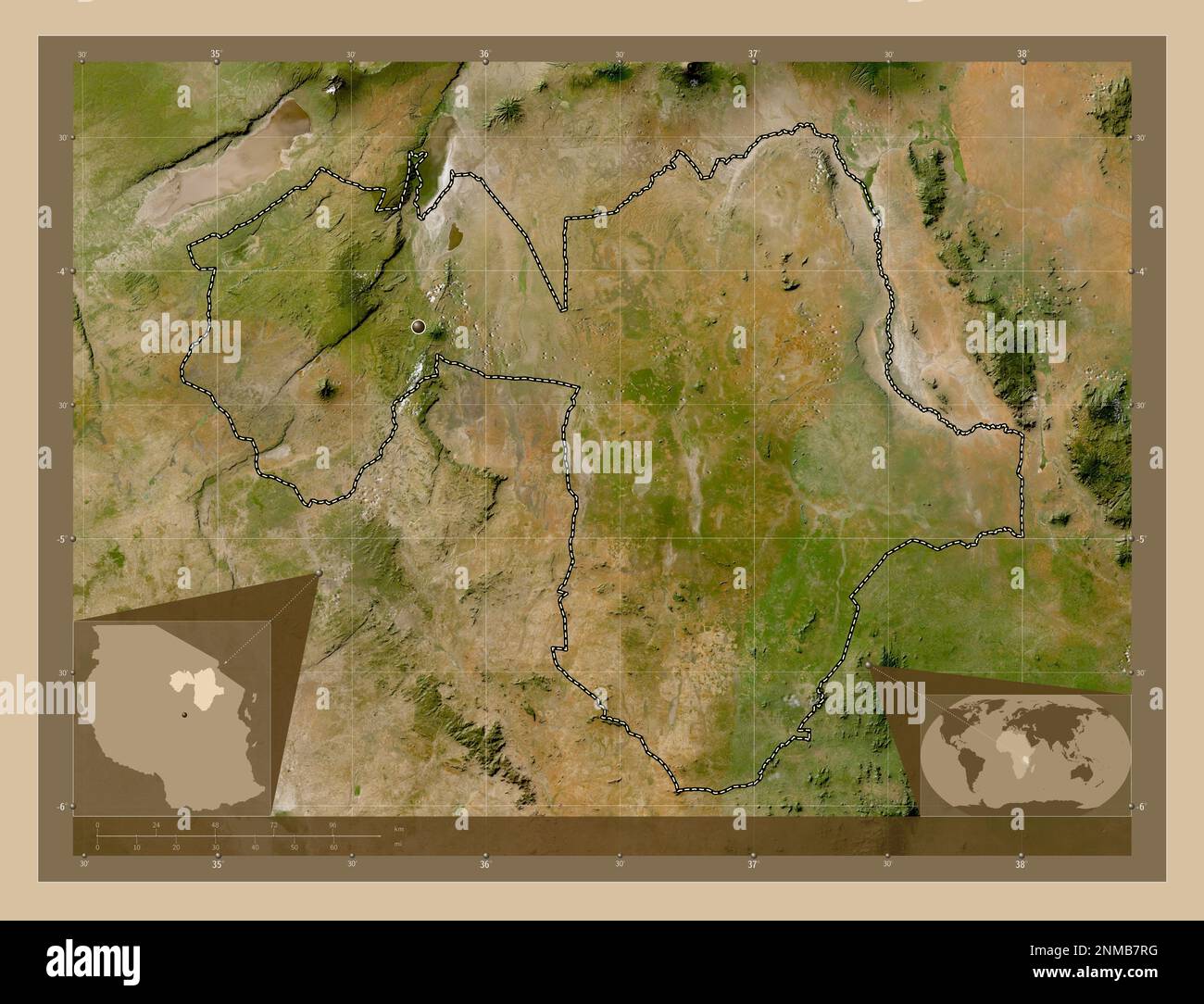 Manyara, region of Tanzania. Low resolution satellite map. Corner ...