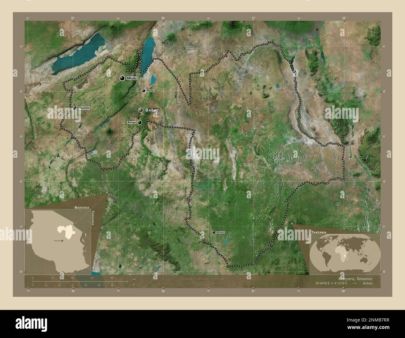 Manyara, region of Tanzania. High resolution satellite map. Locations ...