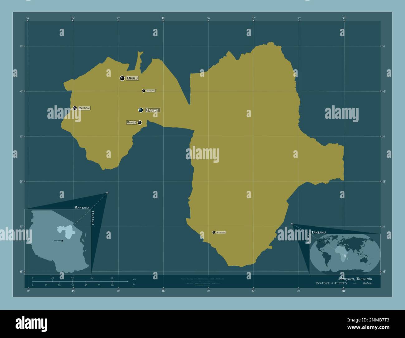 Manyara, region of Tanzania. Solid color shape. Locations and names of ...