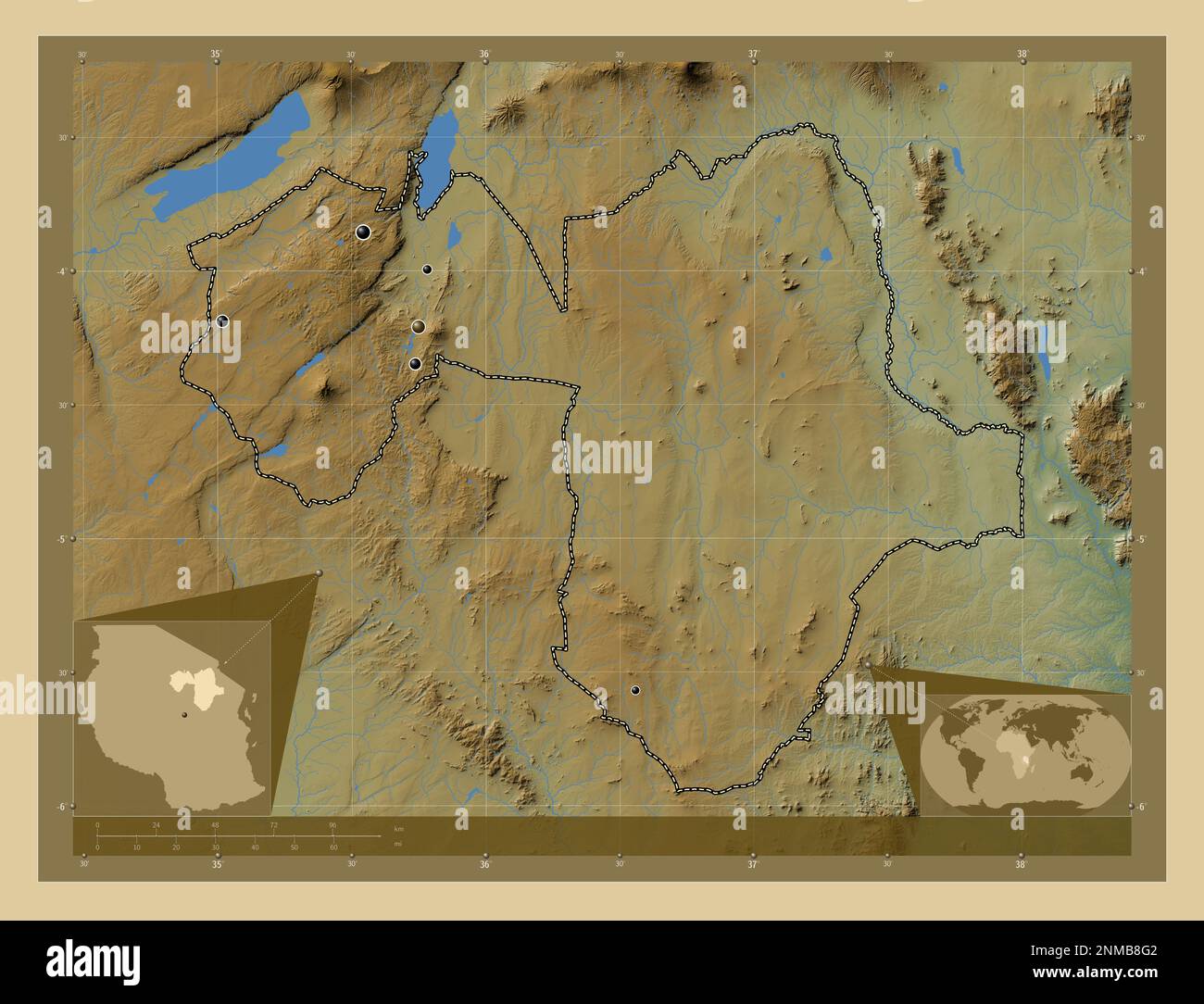 Manyara, region of Tanzania. Colored elevation map with lakes and ...