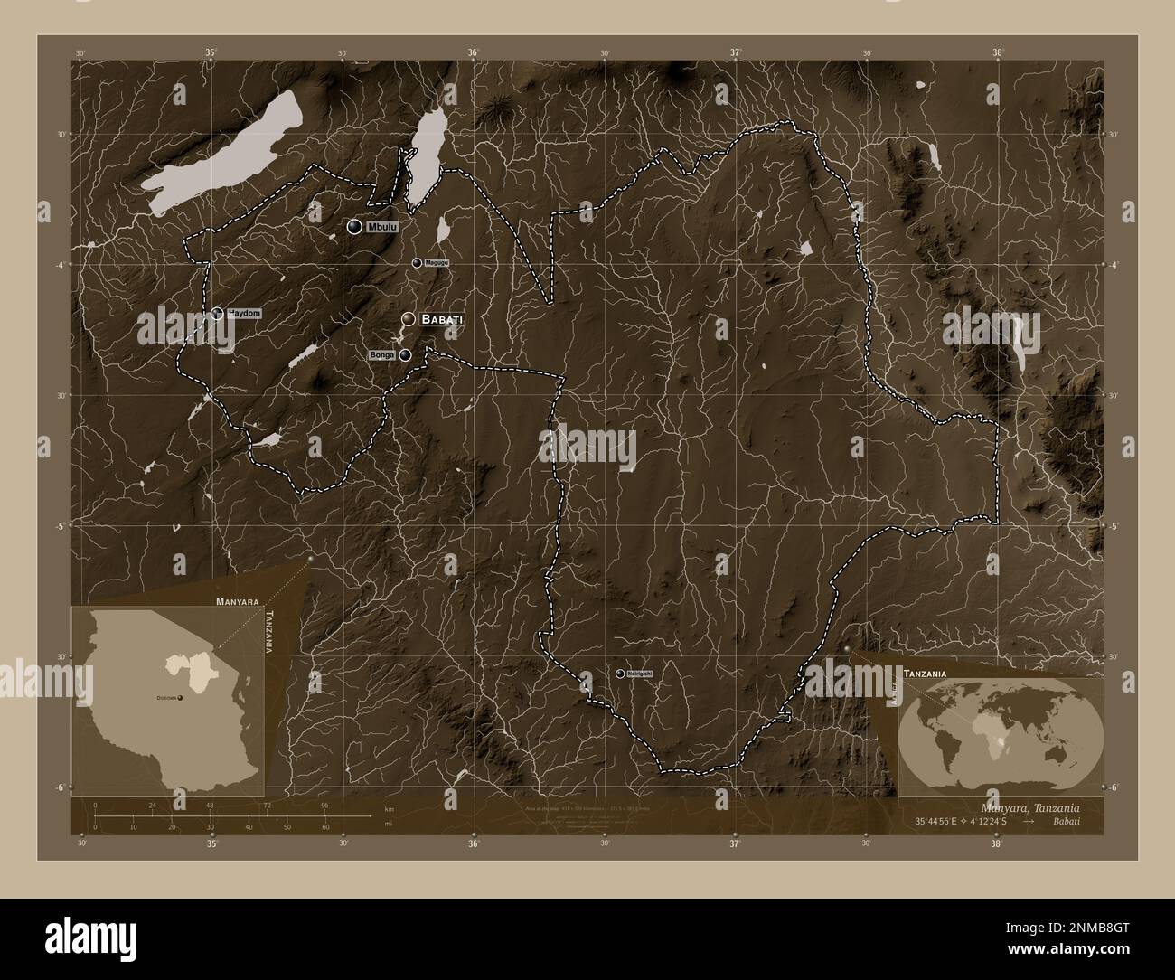Manyara, region of Tanzania. Elevation map colored in sepia tones with ...