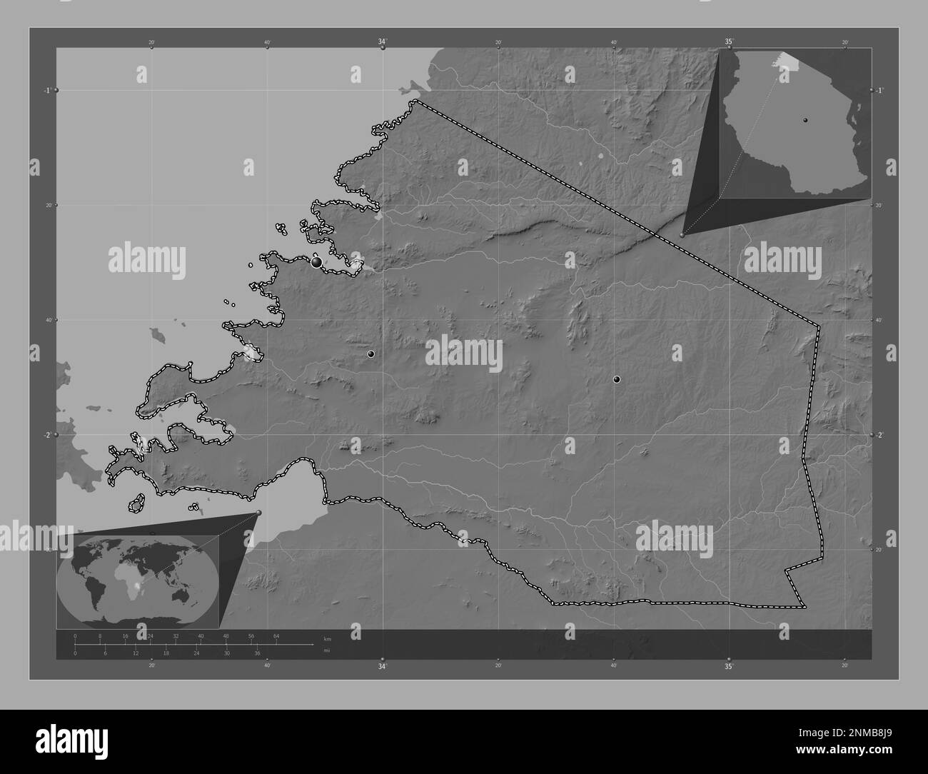 Mara, region of Tanzania. Bilevel elevation map with lakes and rivers ...