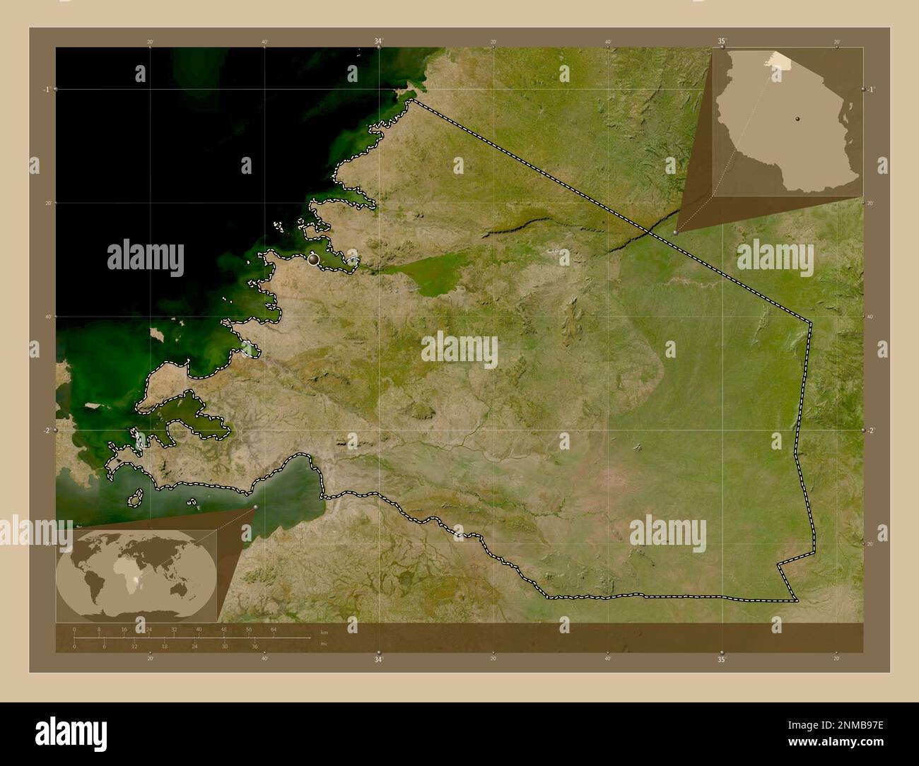 Mara, region of Tanzania. Low resolution satellite map. Corner ...