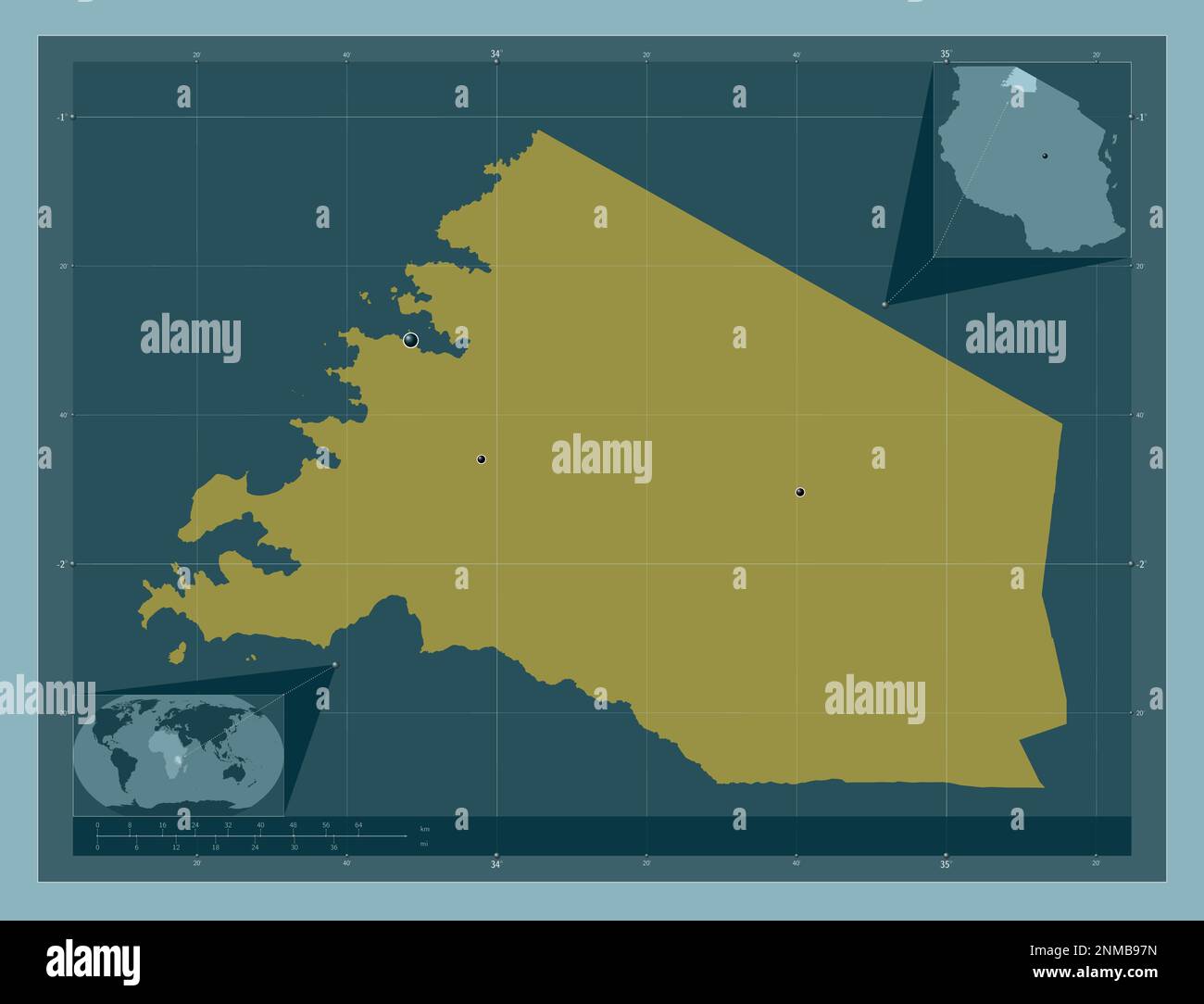 Mara, region of Tanzania. Solid color shape. Locations of major cities ...