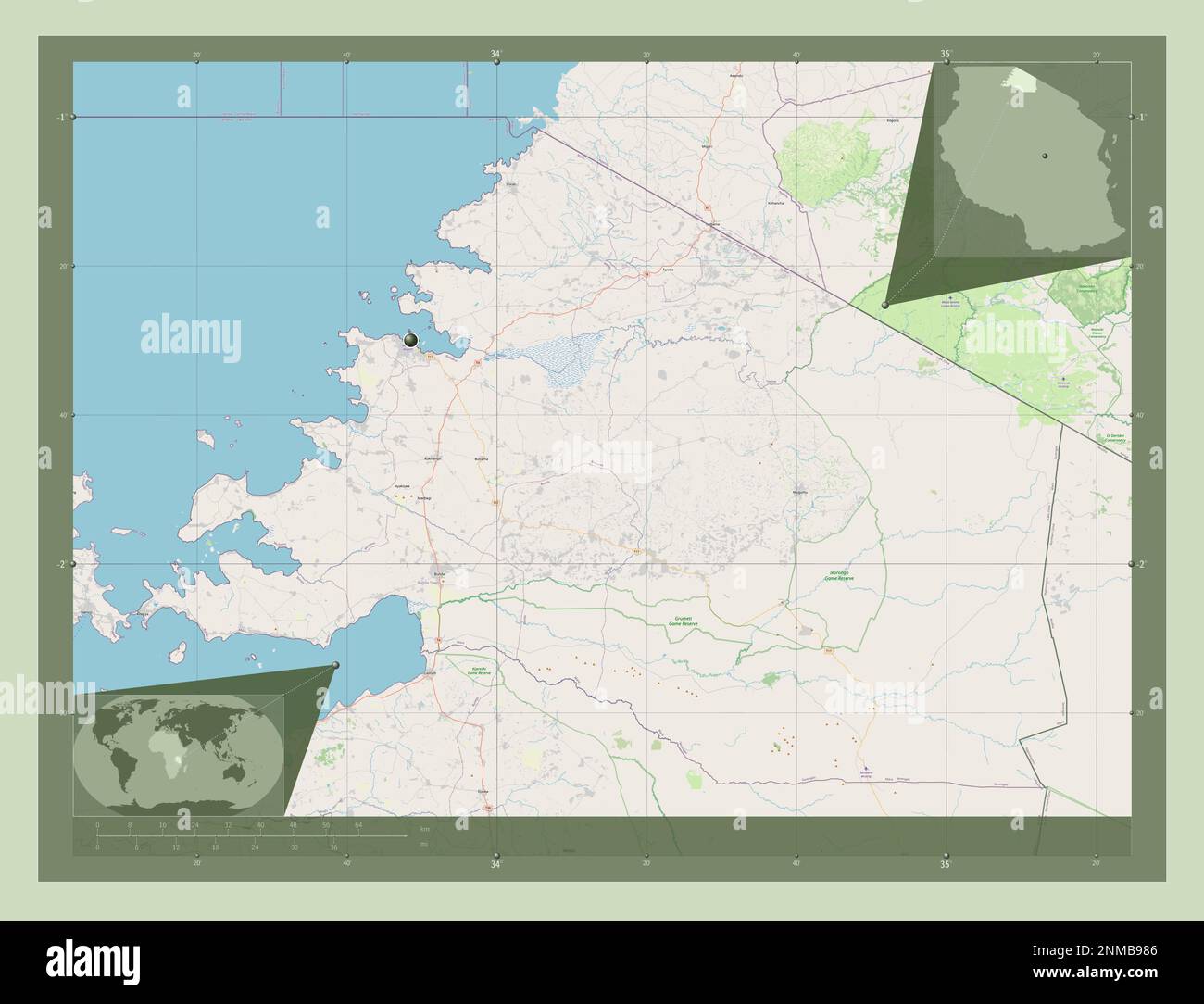 Mara, region of Tanzania. Open Street Map. Corner auxiliary location ...