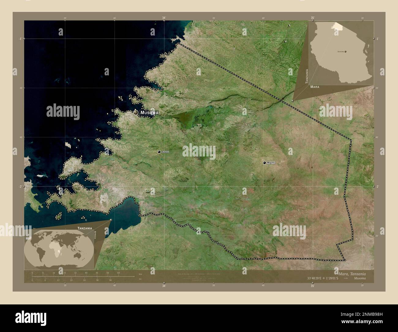 Mara, region of Tanzania. High resolution satellite map. Locations and ...