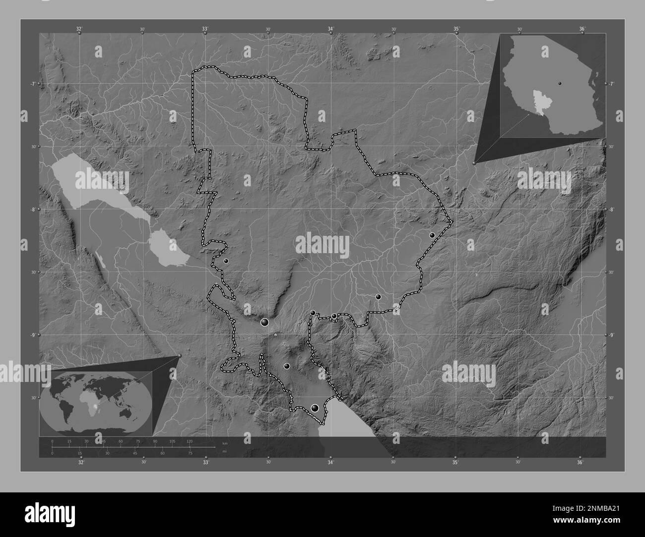 Mbeya, region of Tanzania. Bilevel elevation map with lakes and rivers ...