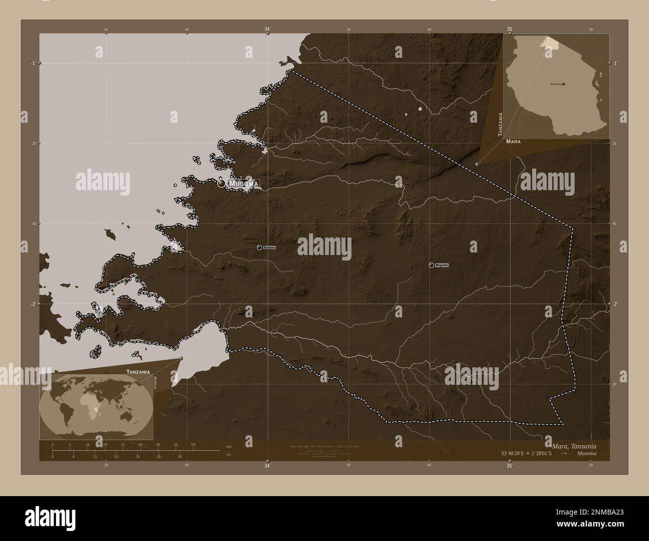 Mara, region of Tanzania. Elevation map colored in sepia tones with ...