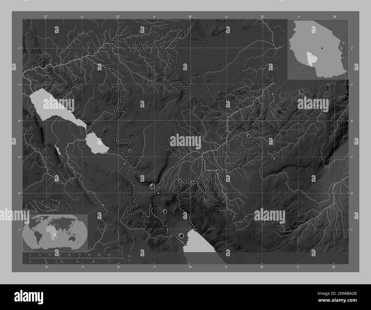 Mbeya, region of Tanzania. Grayscale elevation map with lakes and ...