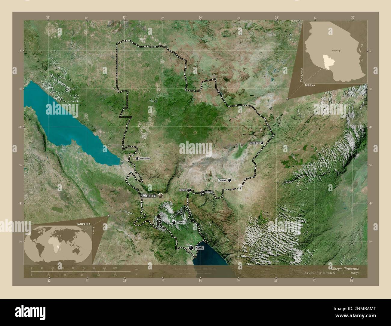 Mbeya, region of Tanzania. High resolution satellite map. Locations and ...