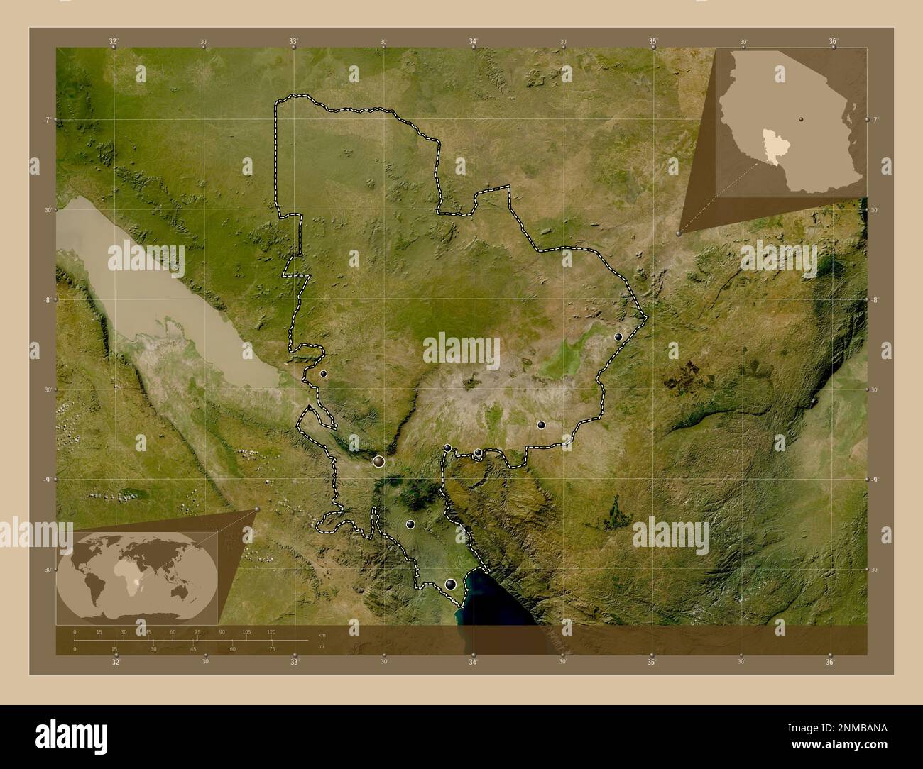 Mbeya, region of Tanzania. Low resolution satellite map. Locations of ...