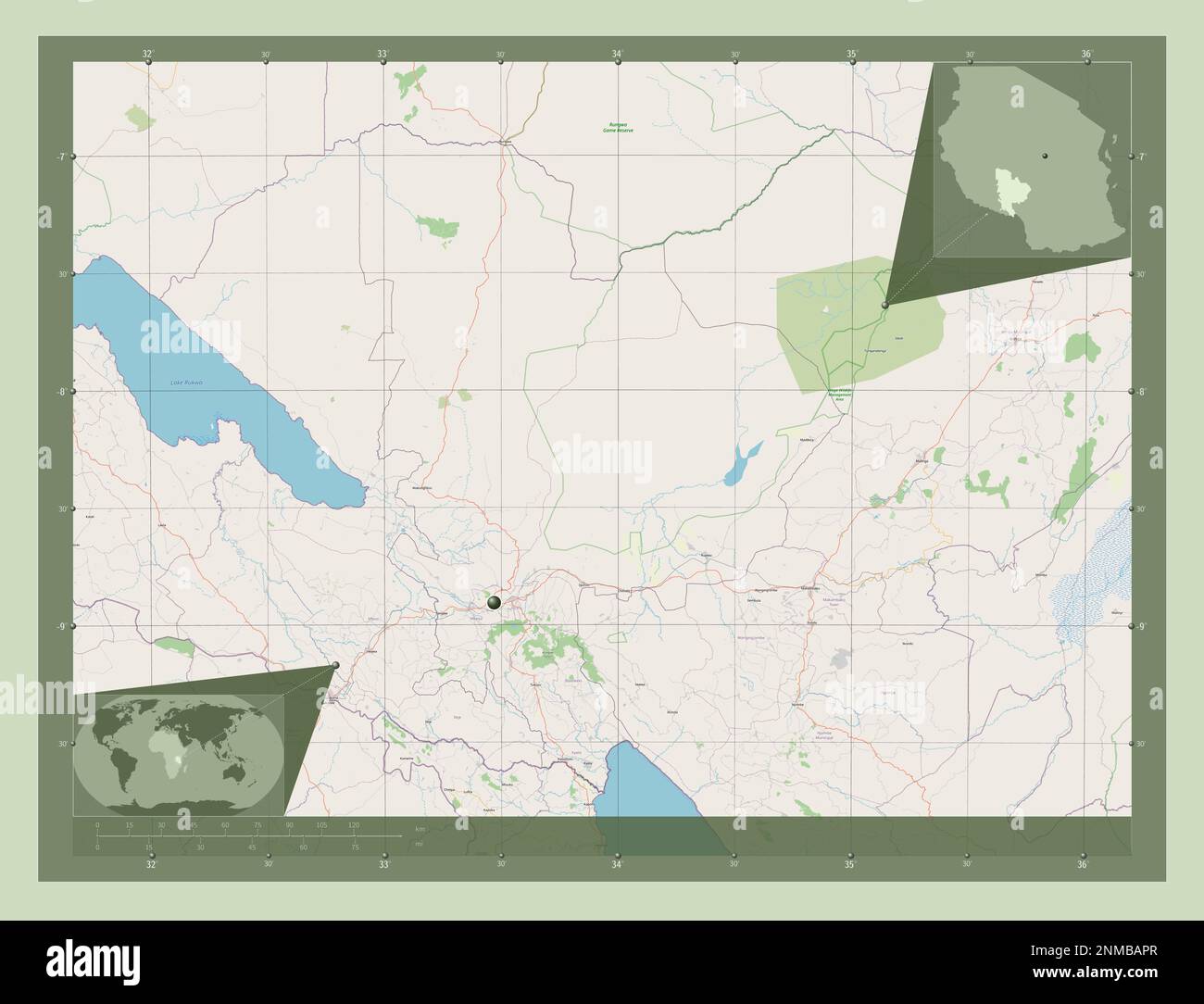 Mbeya, region of Tanzania. Open Street Map. Corner auxiliary location ...