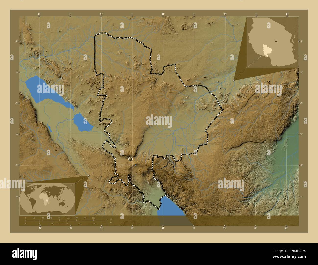 Mbeya, region of Tanzania. Colored elevation map with lakes and rivers ...