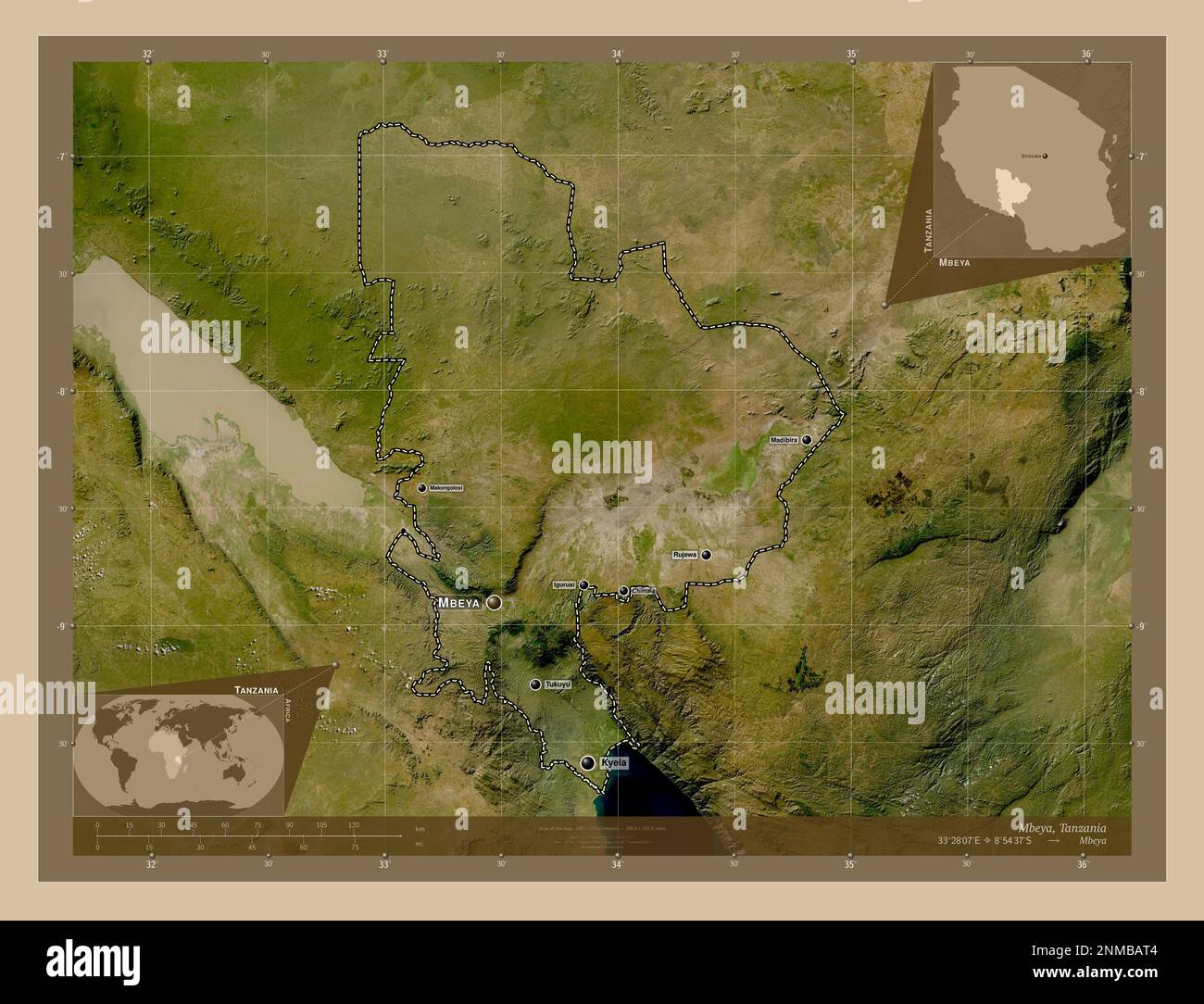 Mbeya, region of Tanzania. Low resolution satellite map. Locations and ...