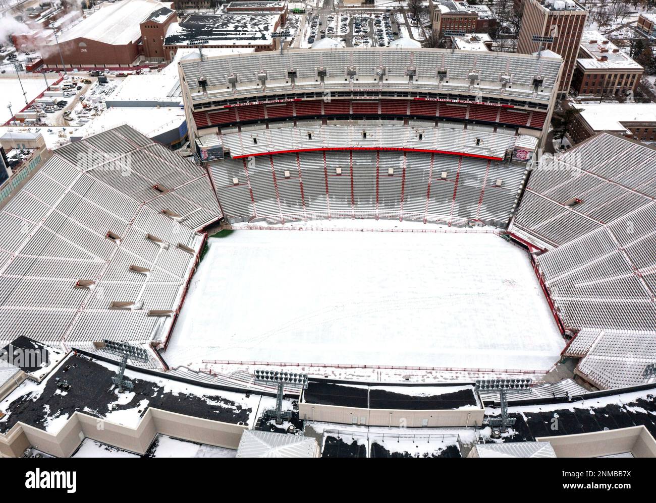 Snow covers Memorial Stadium in Lincoln, Neb., Friday, Feb. 24, 2023 ...