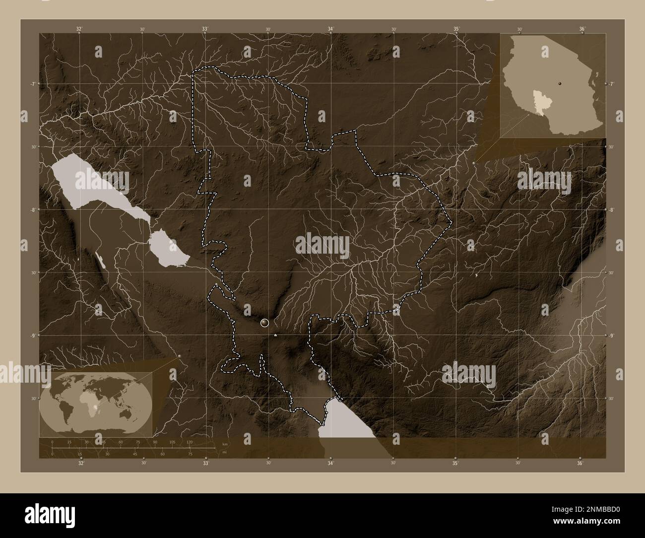 Mbeya, region of Tanzania. Elevation map colored in sepia tones with ...