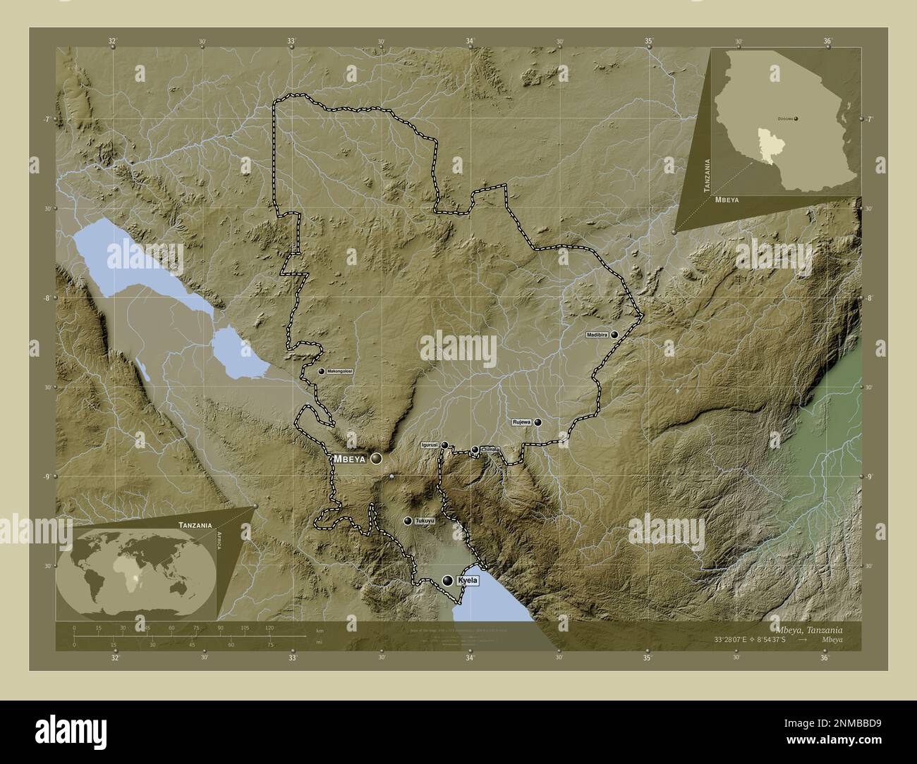 Mbeya, region of Tanzania. Elevation map colored in wiki style with ...