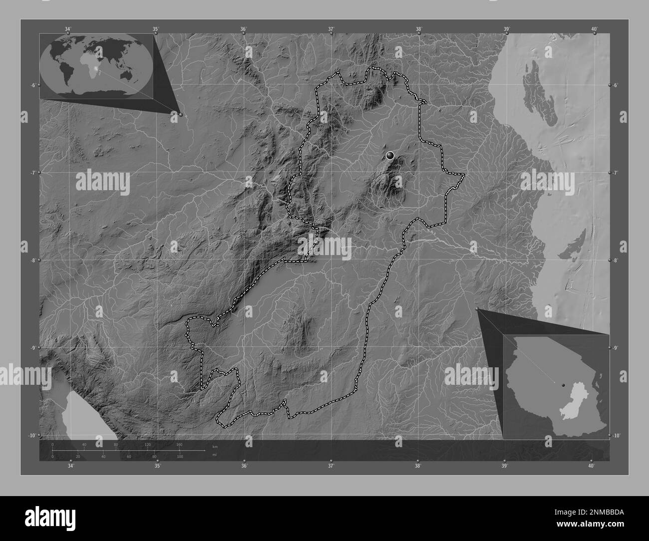 Morogoro, region of Tanzania. Bilevel elevation map with lakes and ...
