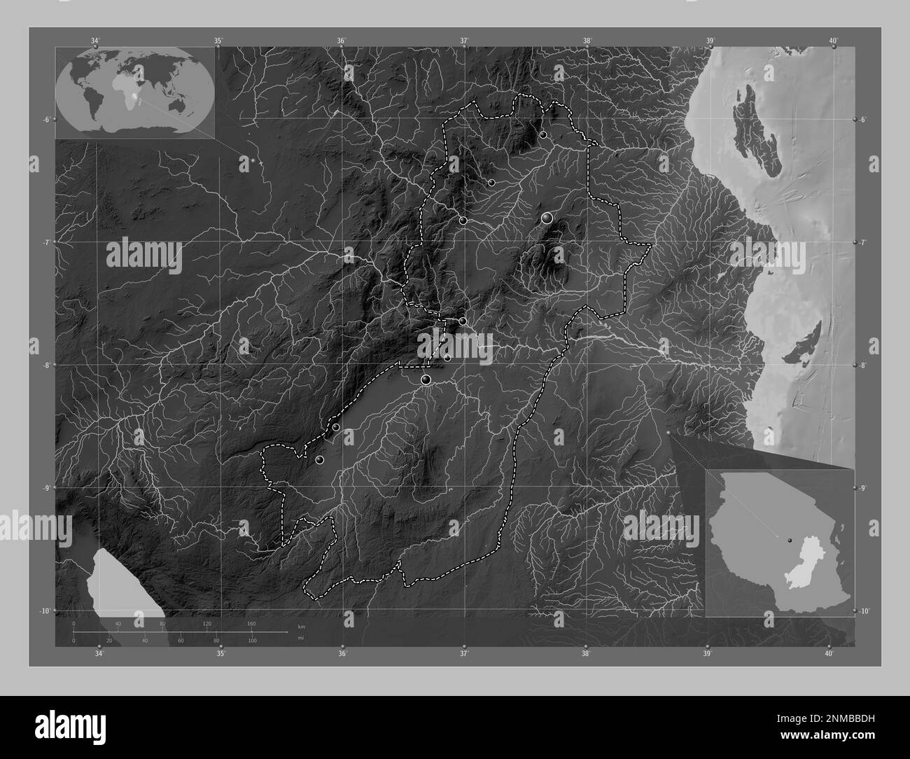Morogoro, region of Tanzania. Grayscale elevation map with lakes and ...