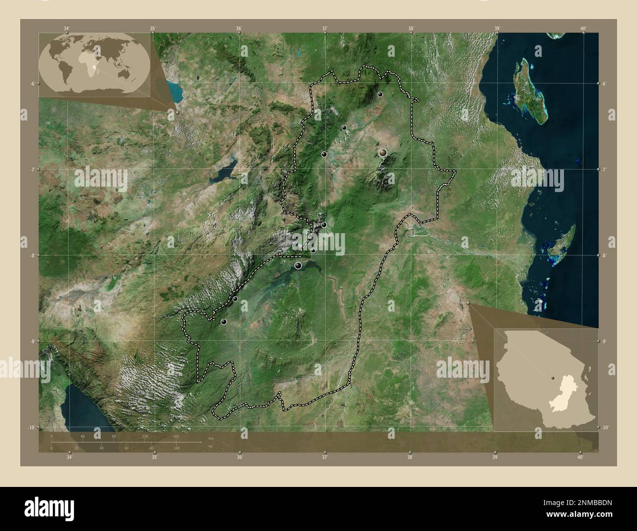 Morogoro, region of Tanzania. High resolution satellite map. Locations ...