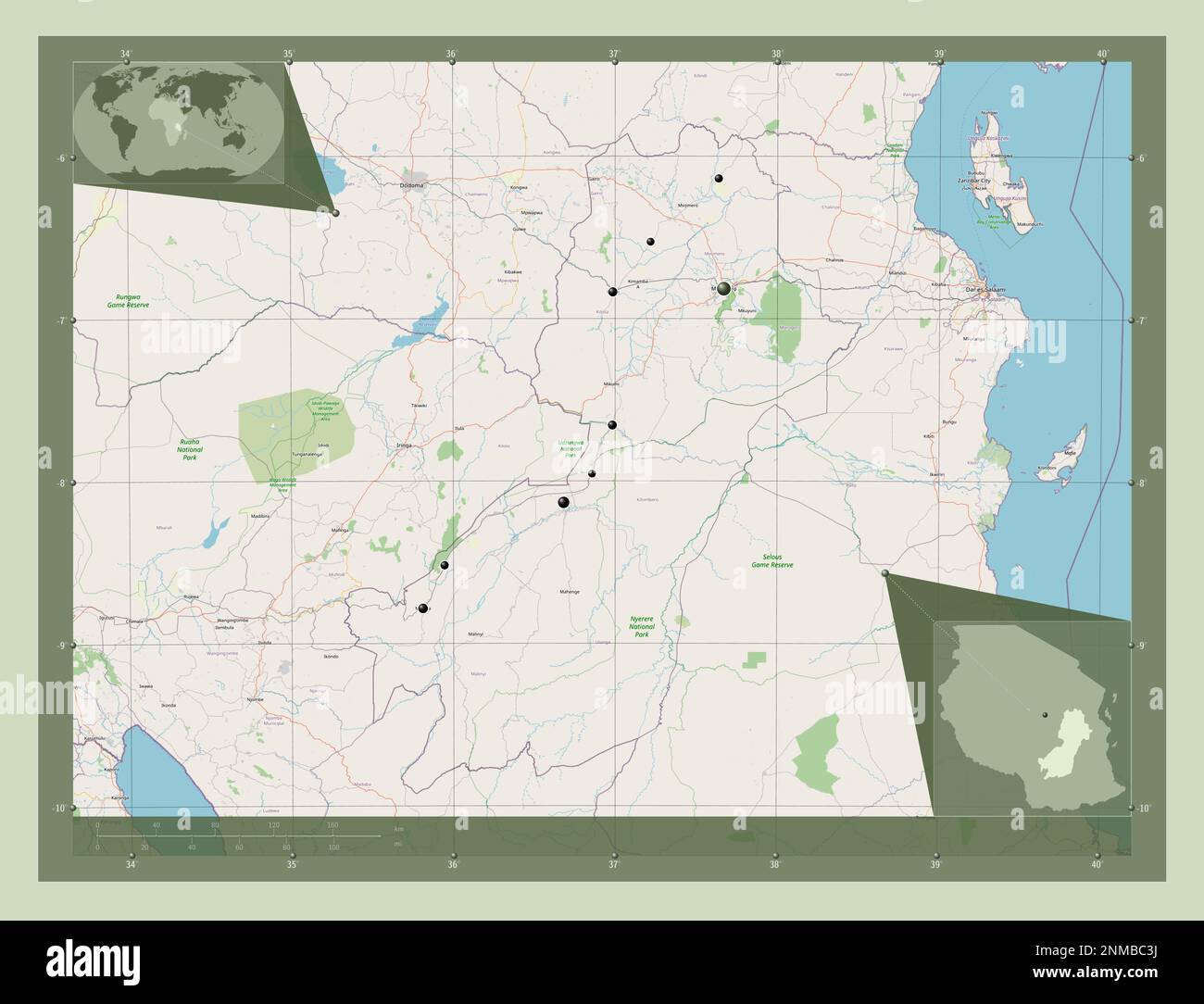Morogoro, region of Tanzania. Open Street Map. Locations of major ...