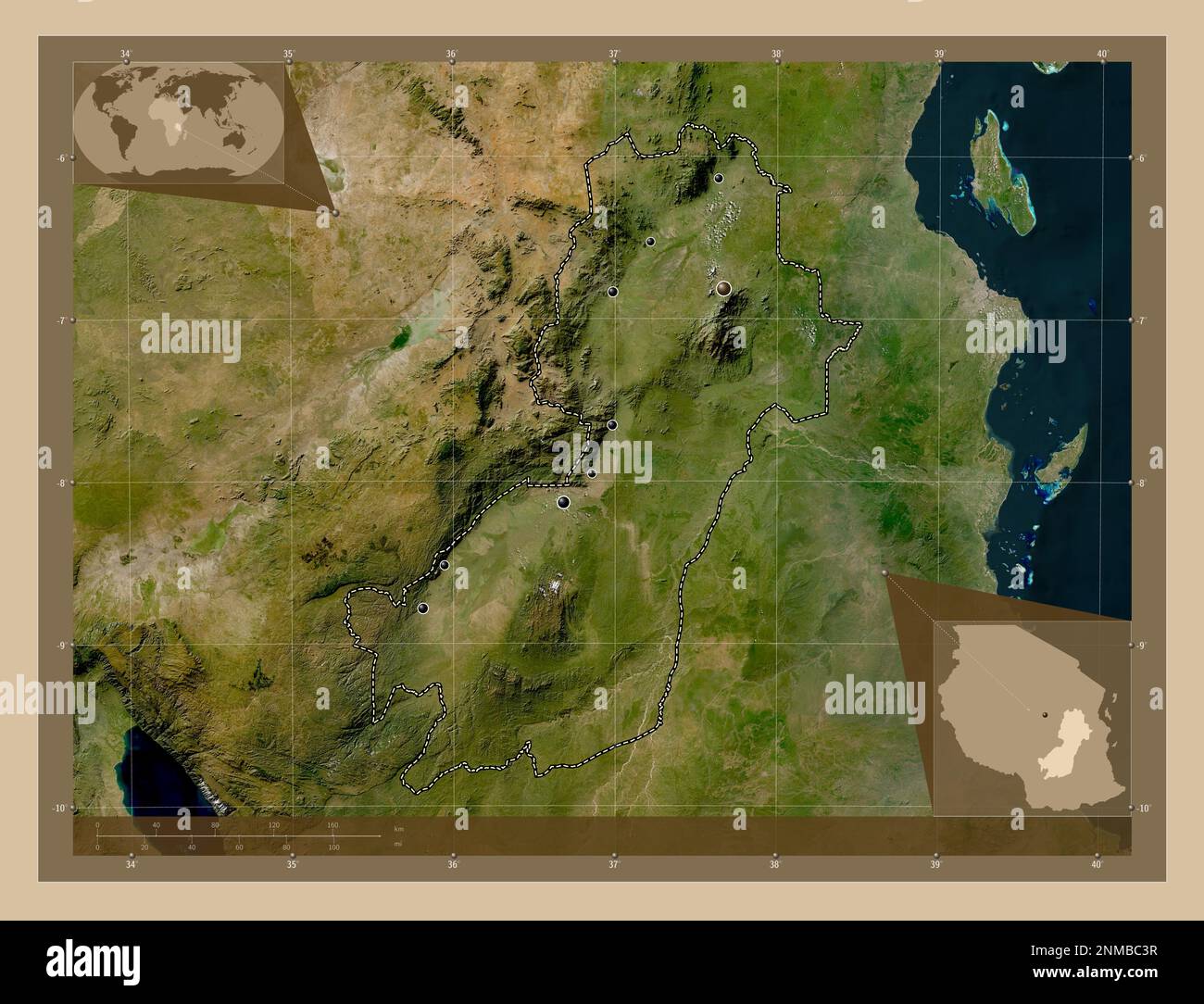 Morogoro, region of Tanzania. Low resolution satellite map. Locations ...