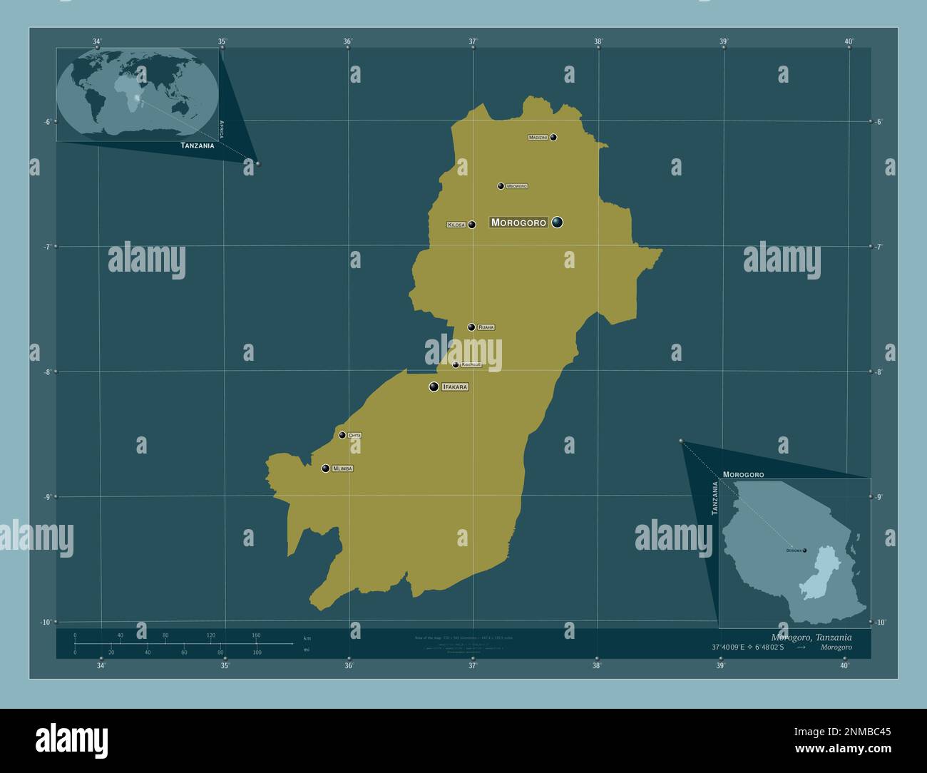 Morogoro, region of Tanzania. Solid color shape. Locations and names of ...