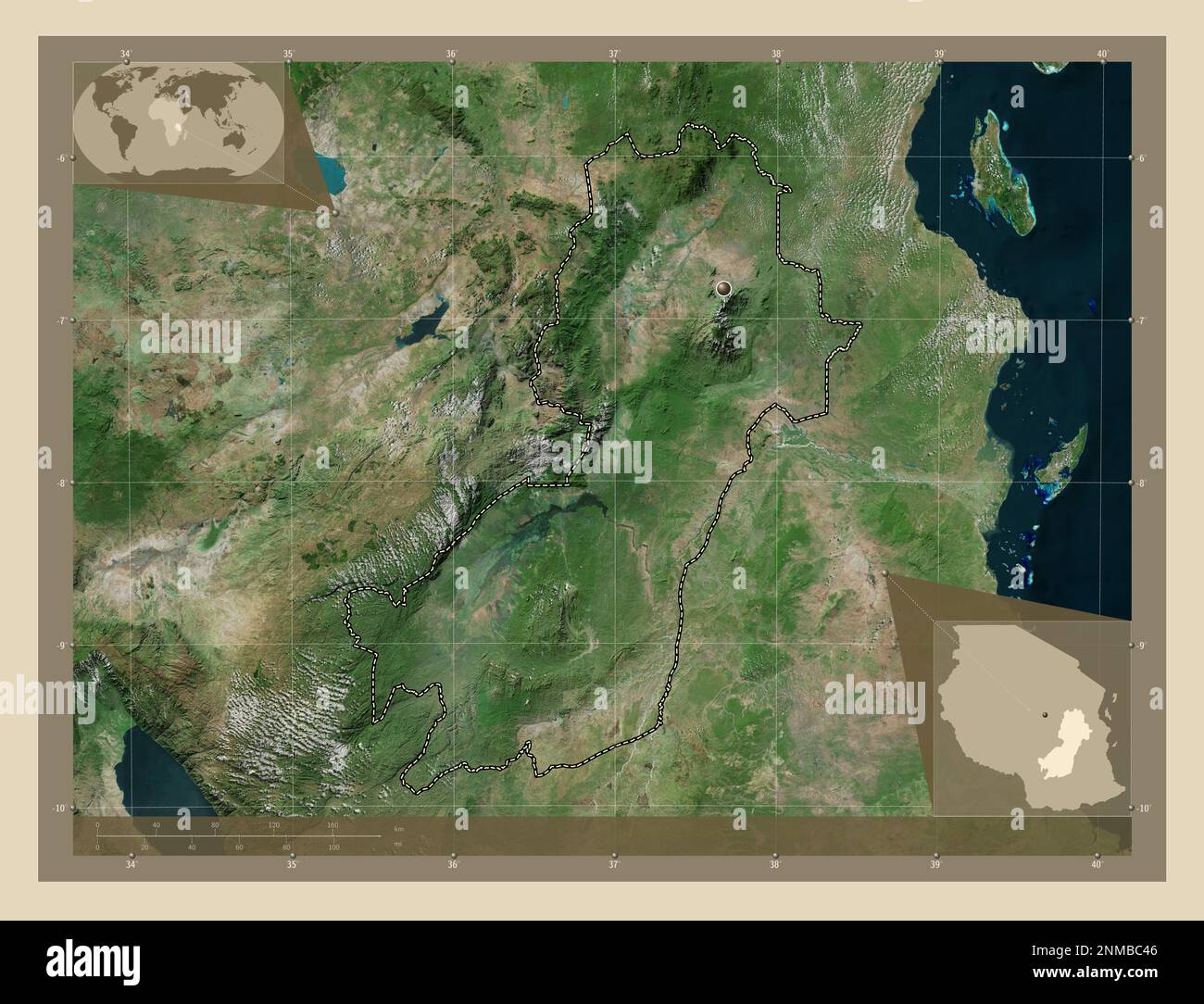 Morogoro, region of Tanzania. High resolution satellite map. Corner ...