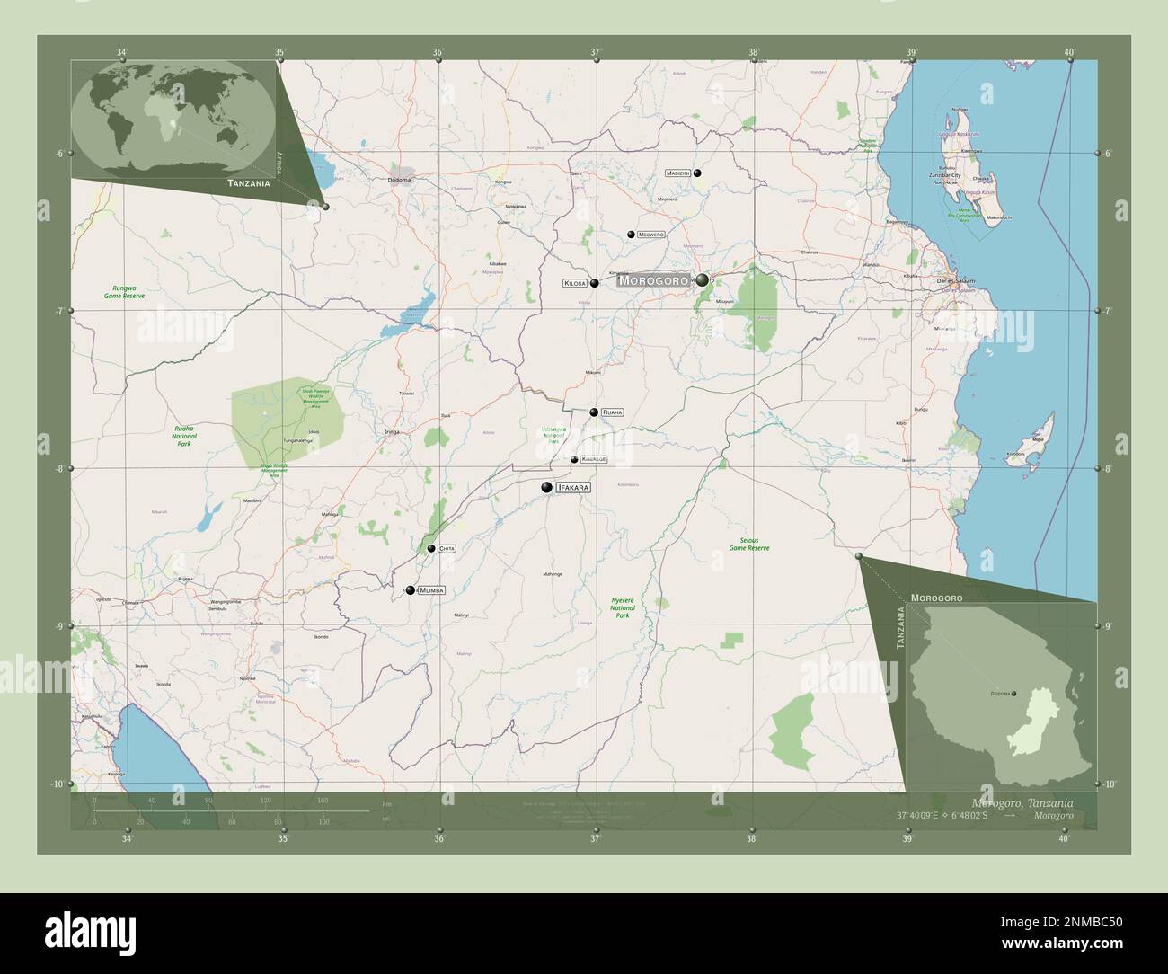 Morogoro, region of Tanzania. Open Street Map. Locations and names of ...