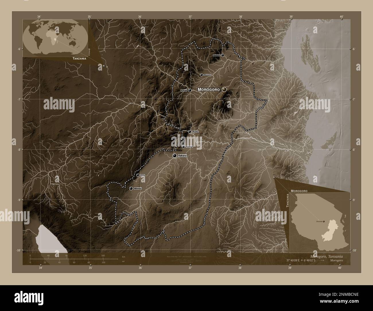Morogoro, region of Tanzania. Elevation map colored in sepia tones with ...