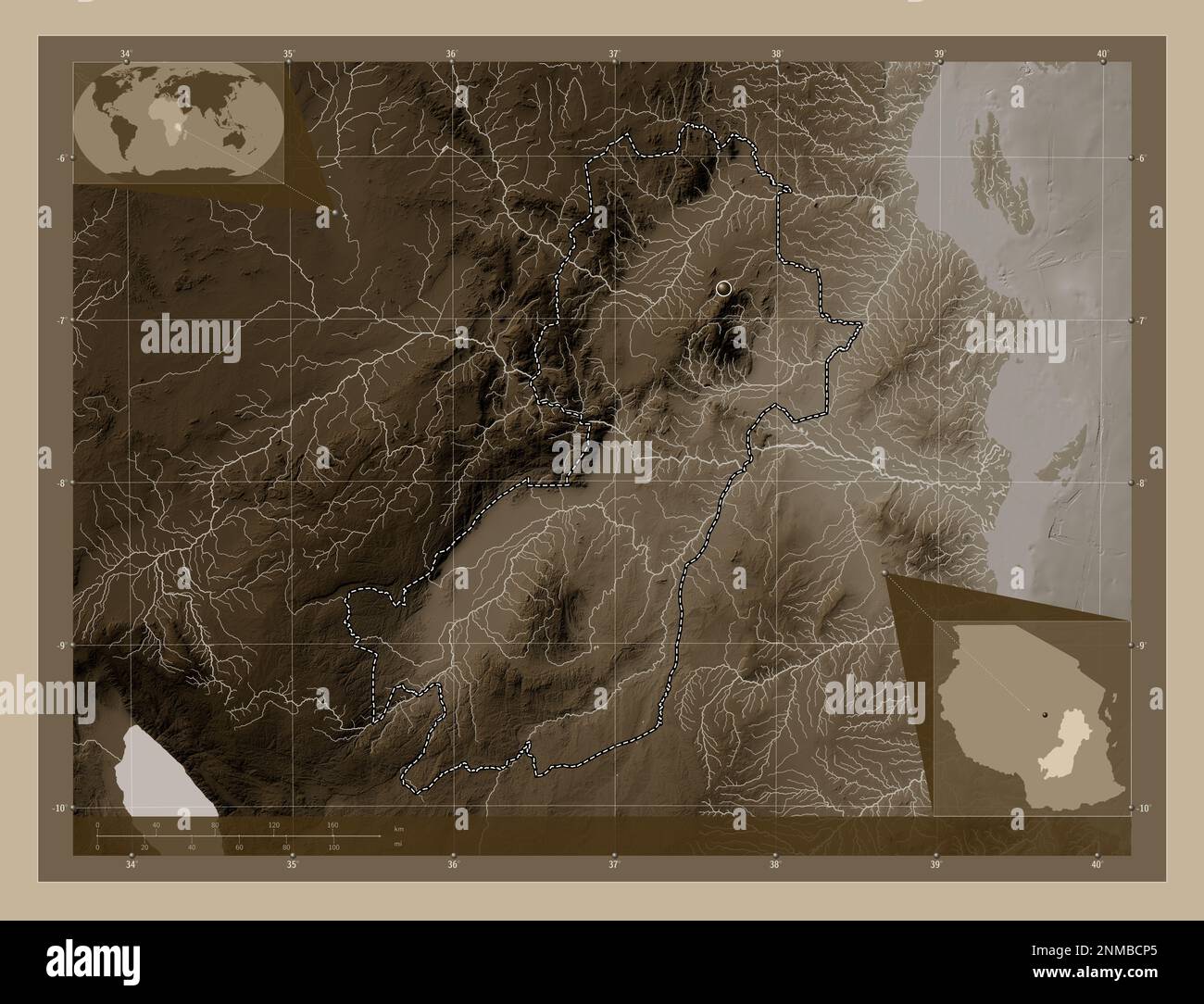 Morogoro, region of Tanzania. Elevation map colored in sepia tones with ...