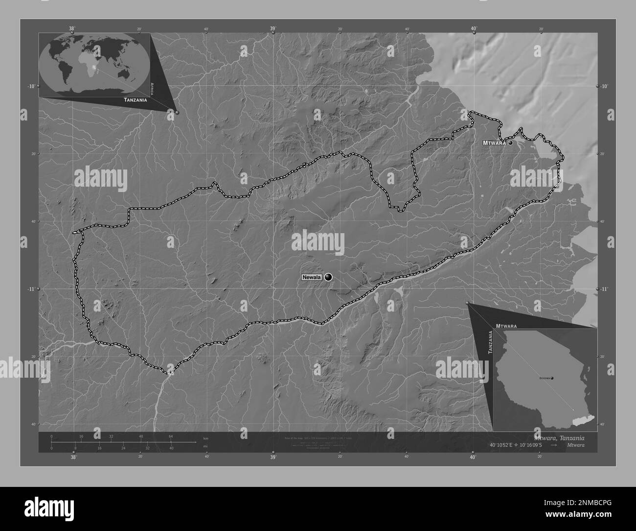 Mtwara, region of Tanzania. Bilevel elevation map with lakes and rivers ...