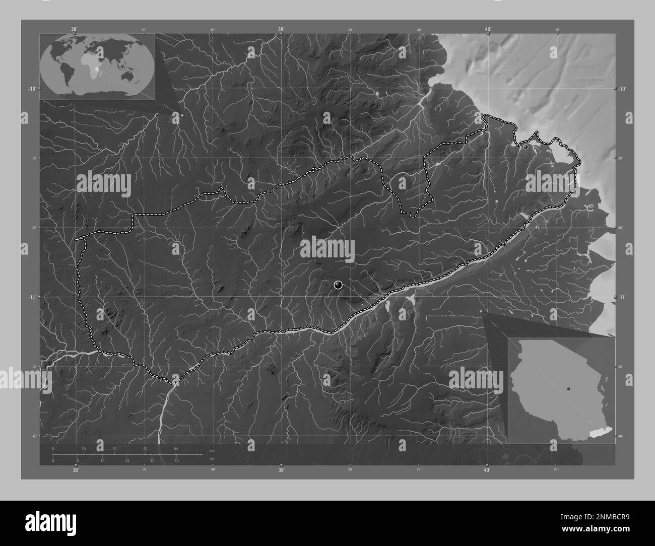 Mtwara, region of Tanzania. Grayscale elevation map with lakes and ...
