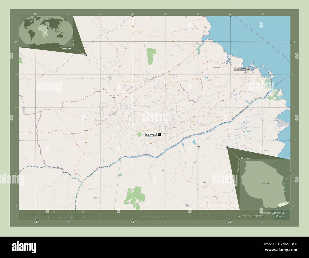 Mtwara, region of Tanzania. Open Street Map. Locations and names of ...