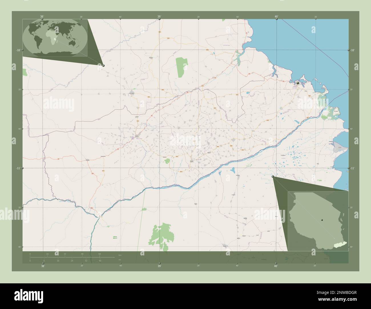 Mtwara, region of Tanzania. Open Street Map. Corner auxiliary location ...