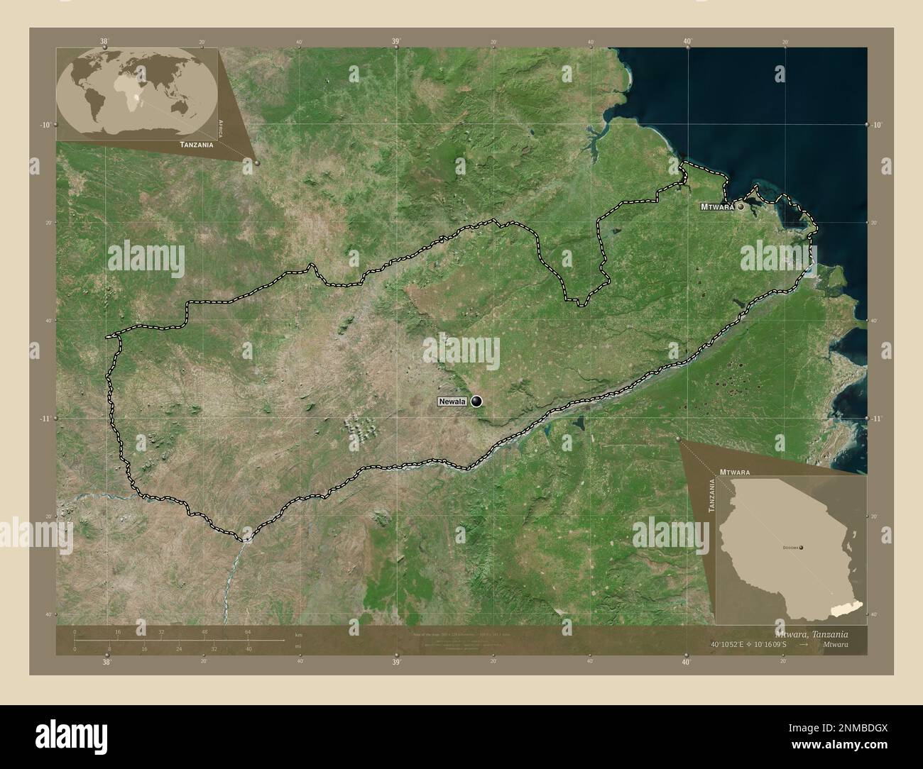 Mtwara, region of Tanzania. High resolution satellite map. Locations ...