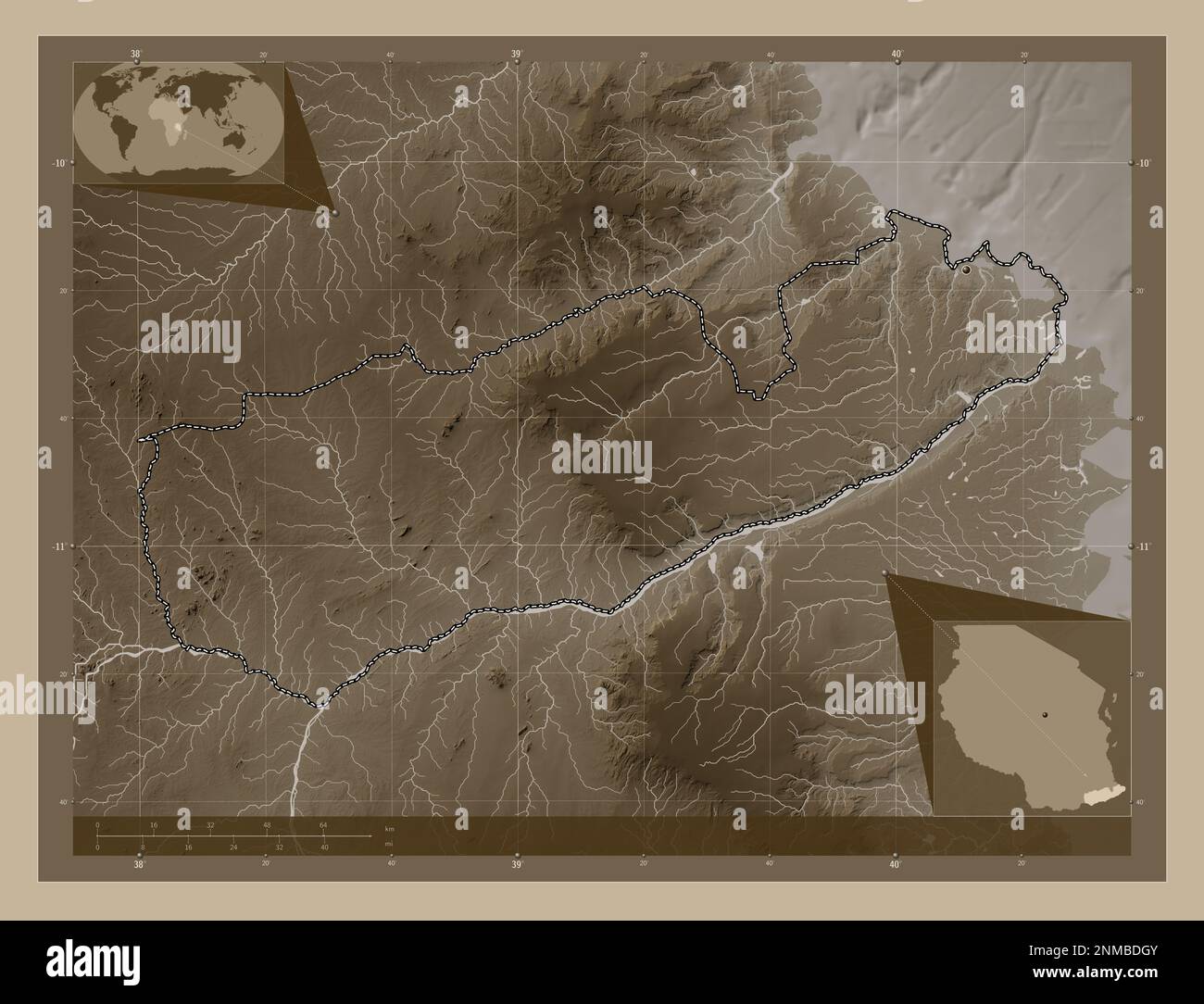 Mtwara, region of Tanzania. Elevation map colored in sepia tones with ...