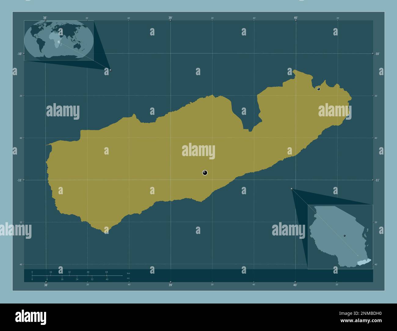 Mtwara, region of Tanzania. Solid color shape. Locations of major ...