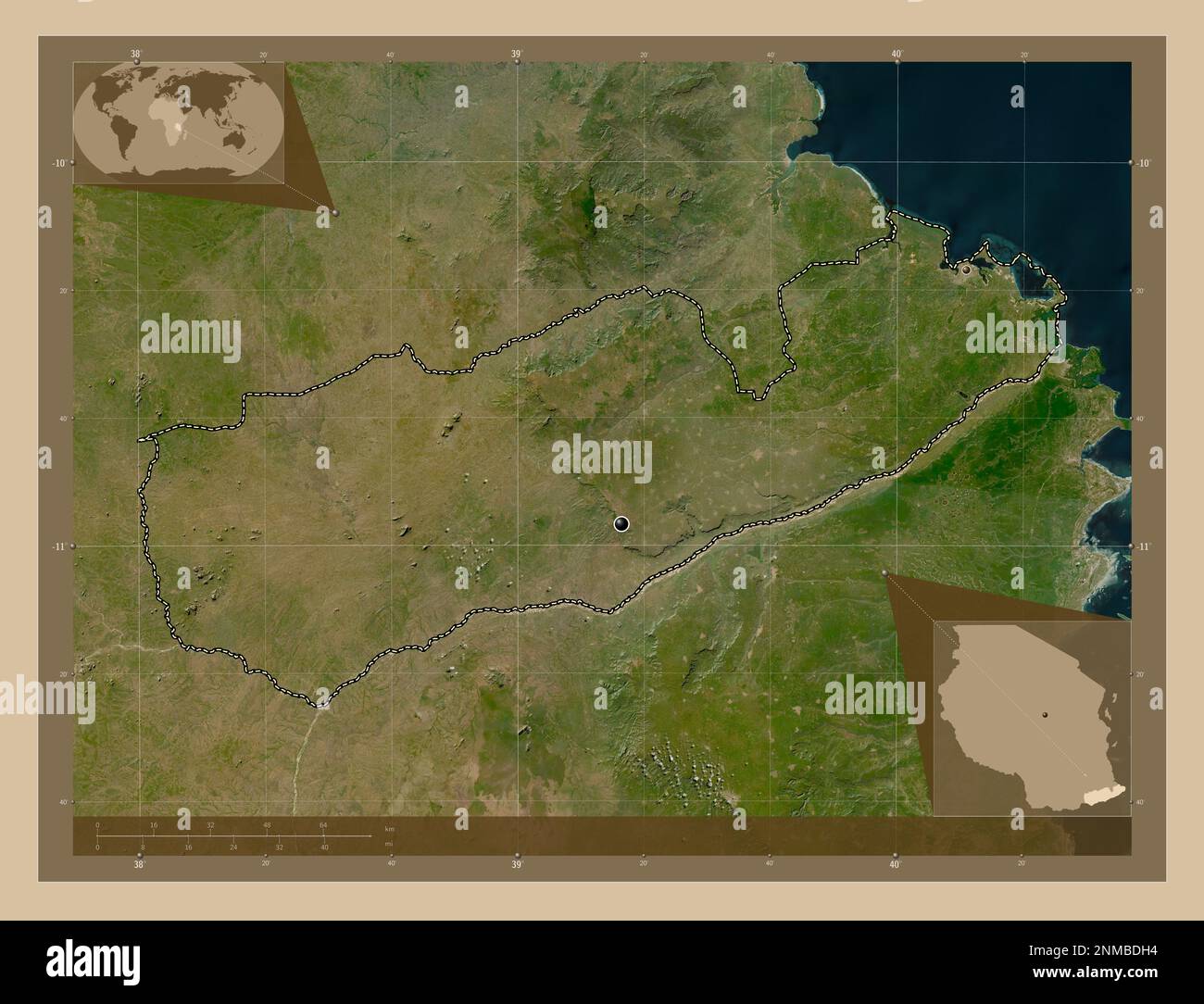 Mtwara, region of Tanzania. Low resolution satellite map. Locations of ...