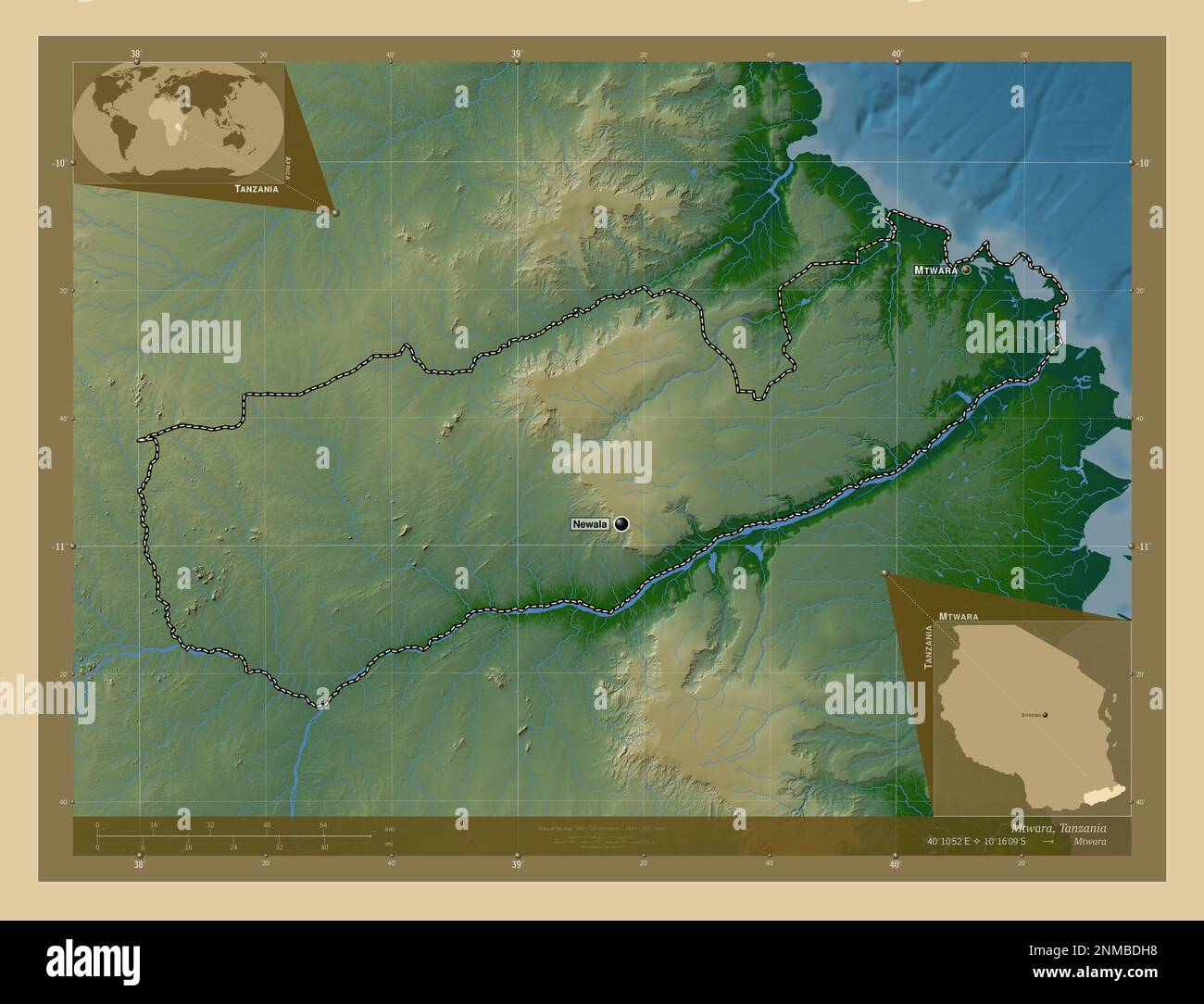 Mtwara, region of Tanzania. Colored elevation map with lakes and rivers ...