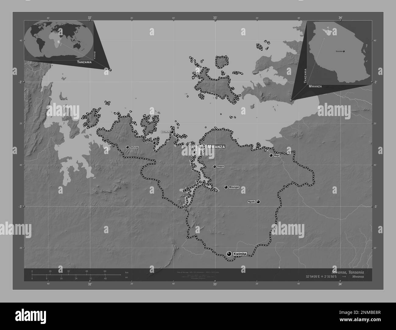 Mwanza, region of Tanzania. Bilevel elevation map with lakes and rivers ...